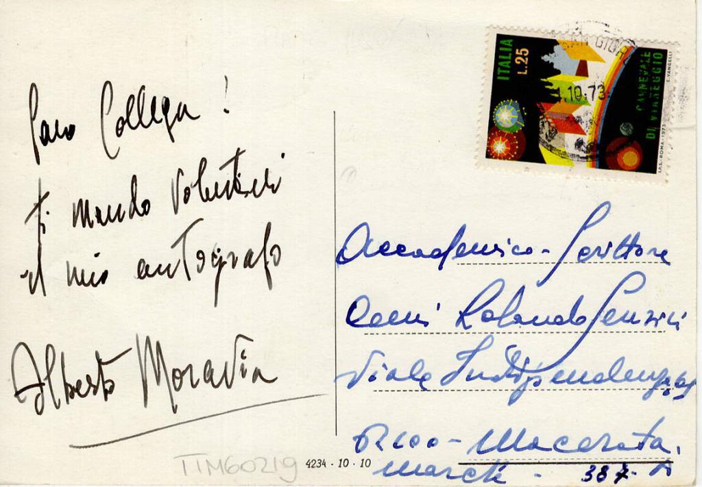 Autografo di Alberto Moravia Scrittore Cartolina con Firma e Postilla ...