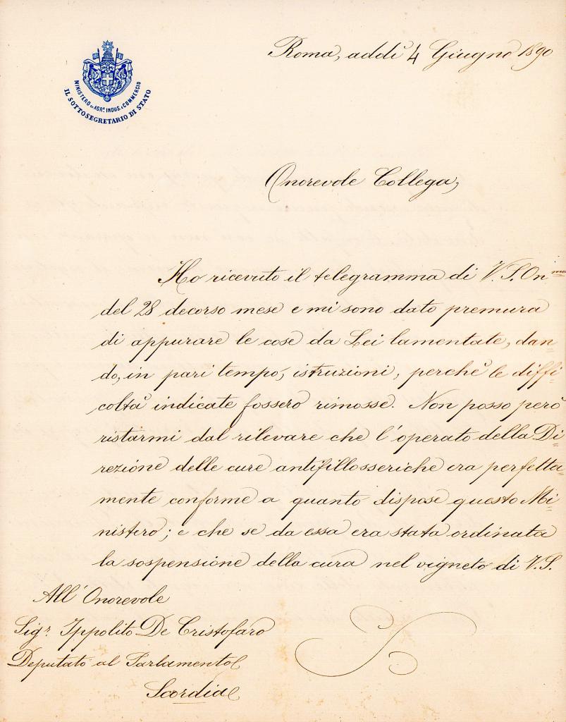 Autografo di Michele Amadei Politico Lettera da Roma Cura dei Vigneti ...
