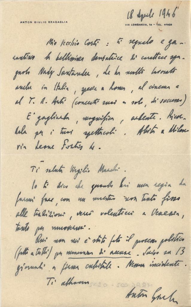 Autografo Anton Giulio Bragaglia lettera Mario Corti Teatro La Fenice ...